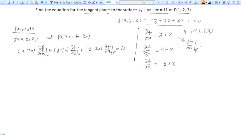 SOLVED: Find the equation for the tangent plane to the surface xy + yz + zx = 11 at P(1, 2, 3)