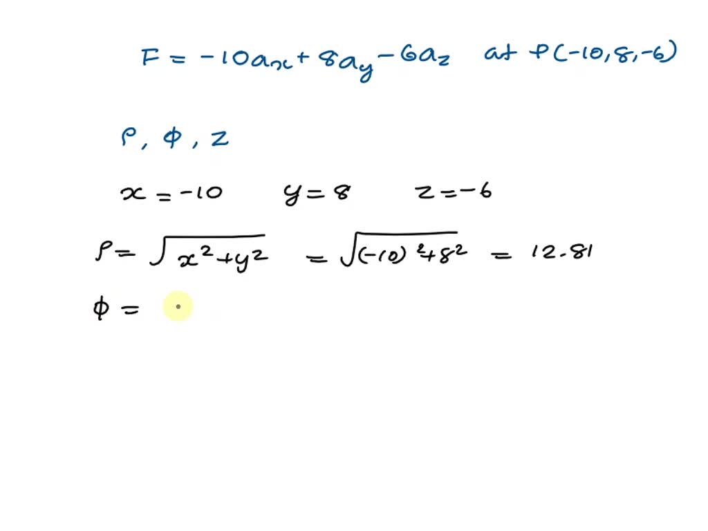 SOLVED: Transform F = -10ax + 8ay - 6az at point P(-10, 8, -6) to ...