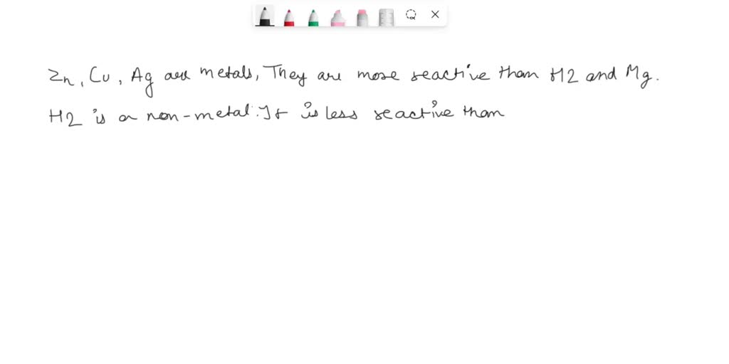 SOLVED: Put elements in order, least reactive to most reactive (Zn, Cu, Ag, H2, Mg). How was the ...