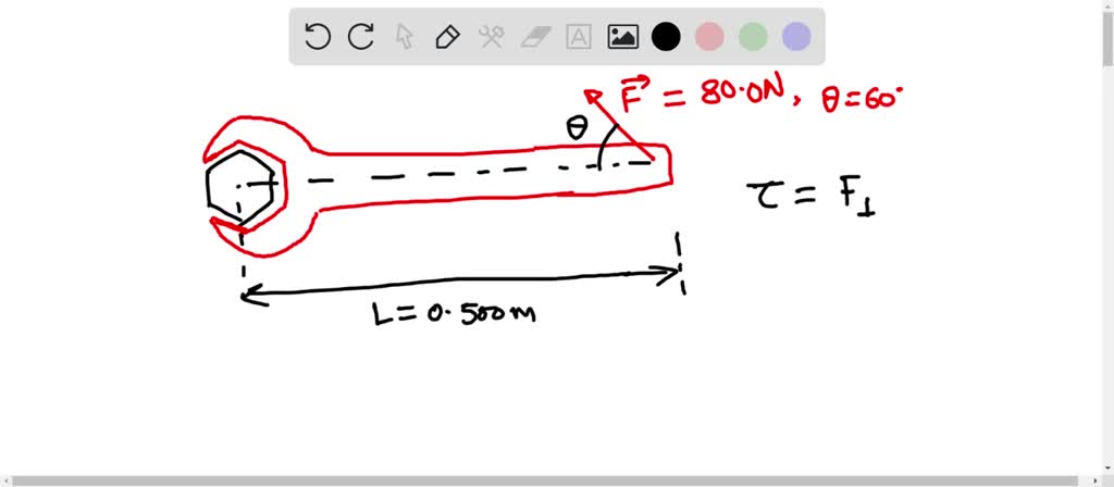 SOLVED: A wrench 0.500 m long is applied to a nut with a force of 80.0 ...
