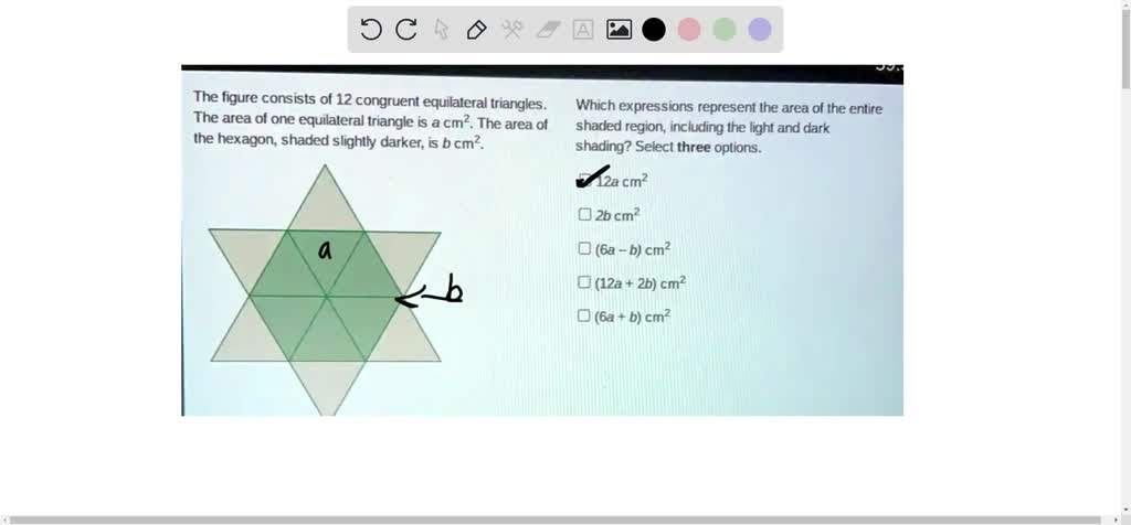 SOLVED: The figure consists of 12 congruent equilateral triangles: Which expressions represent ...