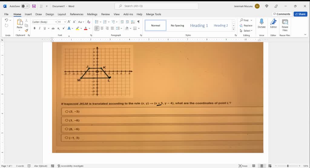SOLVED: Trapezoid JKLM is shown on the coordinate plane below:If trapezoid JKLM is translated ...