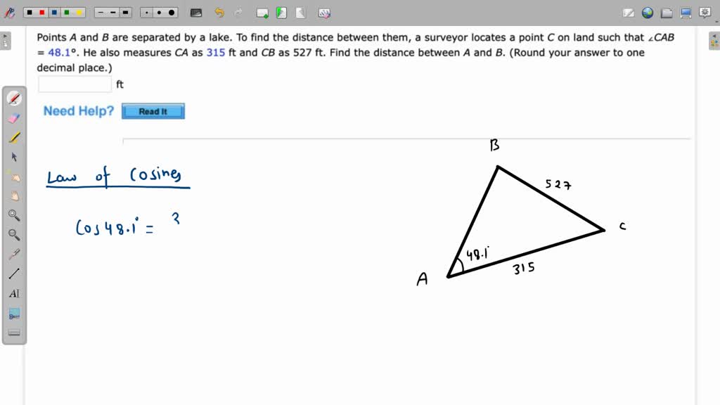 SOLVED: Points A and B are separated by a lake To find the distance between them, surveyor ...