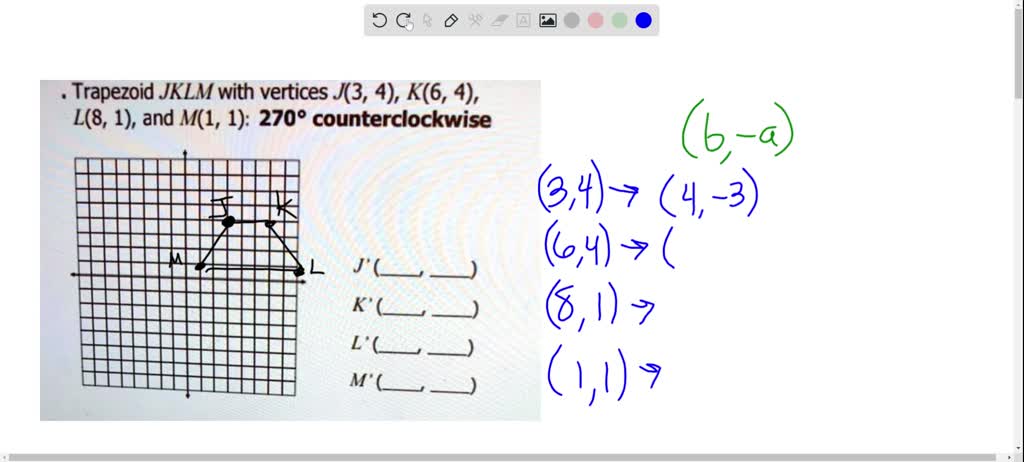 SOLVED: Trapezoid JKLM with vertices J(3, 4), K(6, 4), L(8, 1), and M(1 ...