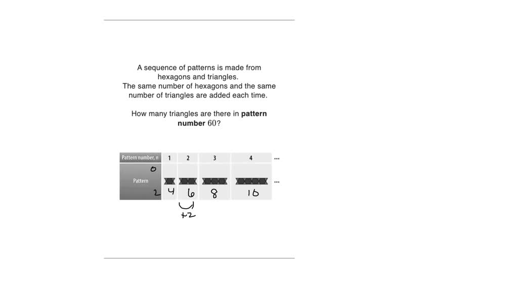 sequence of patterns is made from hexagons and triangles. The same number of hexagons and the ...
