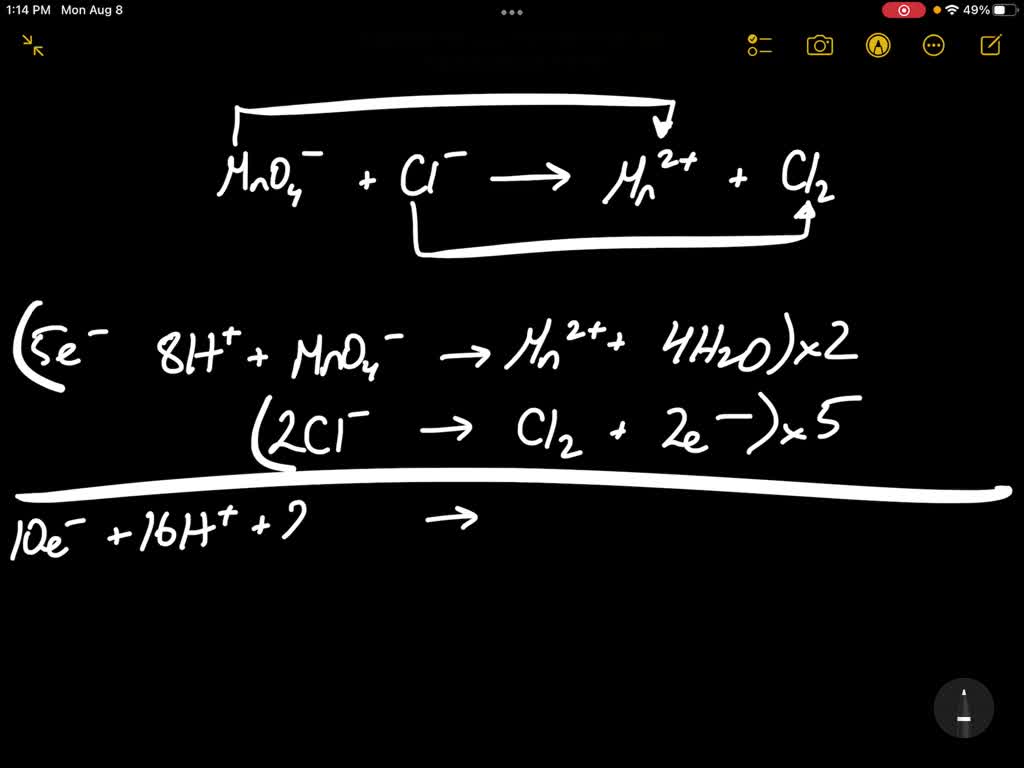 SOLVED: Balance the redox equation. MnO4-1 + Cl1- + H+ —> Mn2+ +Cl2 + H2O