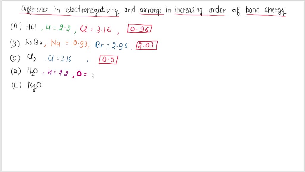 SOLVED: Calculate the electronegativity difference of the following compounds below and arrange ...