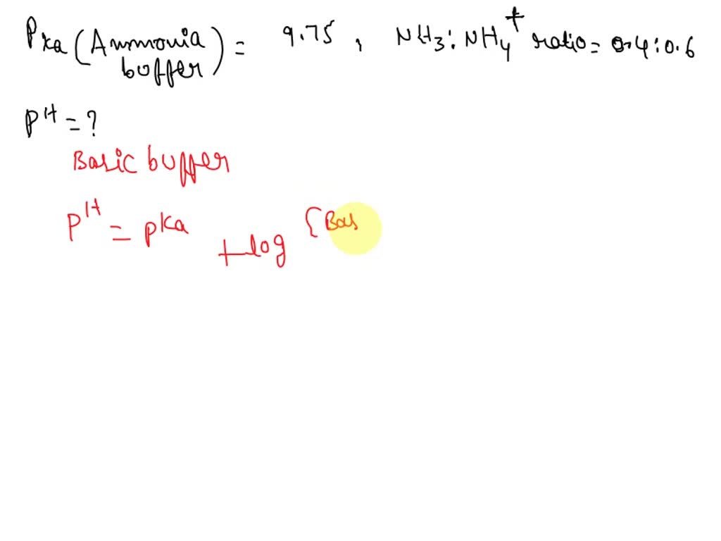 SOLVED: Calculate the pH of an ammonia buffer (pKa = 9.75) when the NH3:NH4+ ratio is 0.4 moles ...