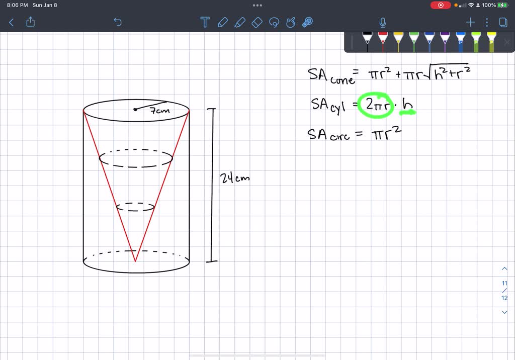 SOLVED: A right circular solid cylinder has radius 7cm and height 24cm ...
