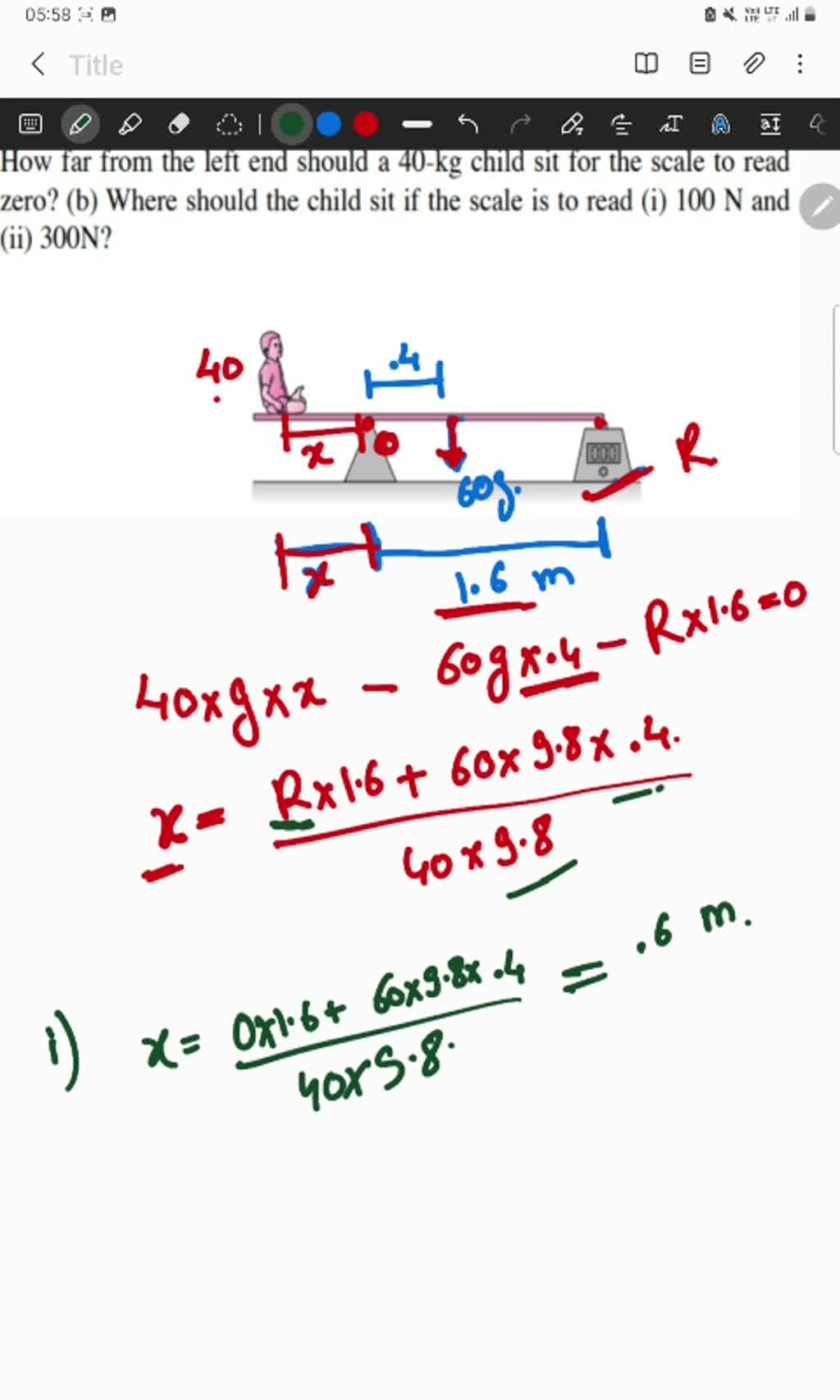 SOLVED: (6) A 60-kg uniform board 2.4 m long is supported by a pivot 80 ...