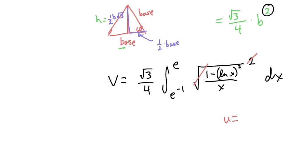 SOLVED: Find the volume of a solid, whose base is the region bounded by the graph of ln(x) = g(x ...