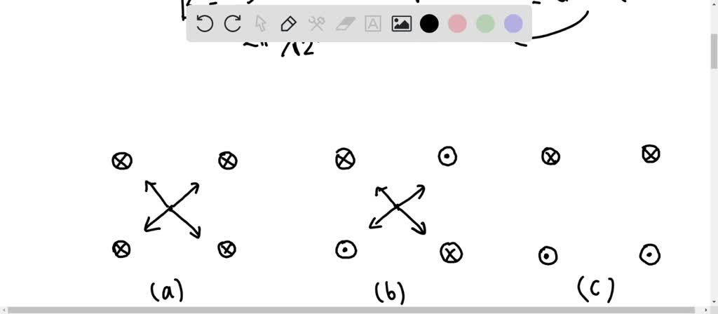 Four, long, parallel power lines each carry 100-A currents. A cross ...