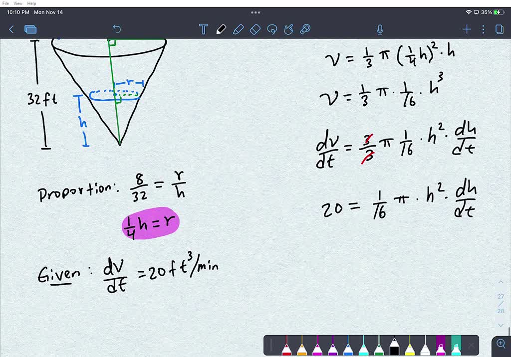 An inverted cylindrical cone, 32 ft deep and 16 ft across at the top ...