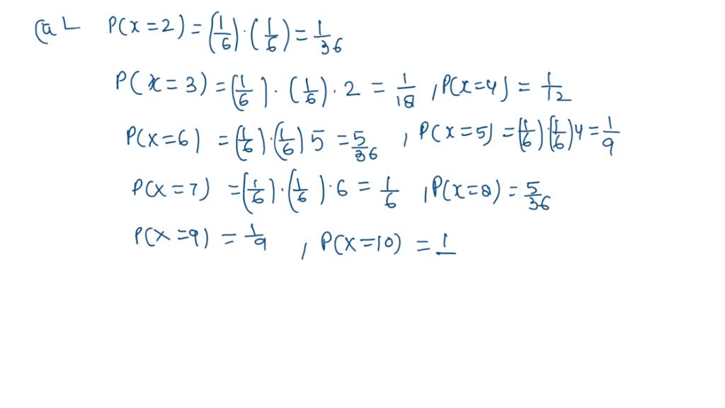 SOLVED: A pair of fair dice is rolled. Let X the random variable representing the sum of the ...
