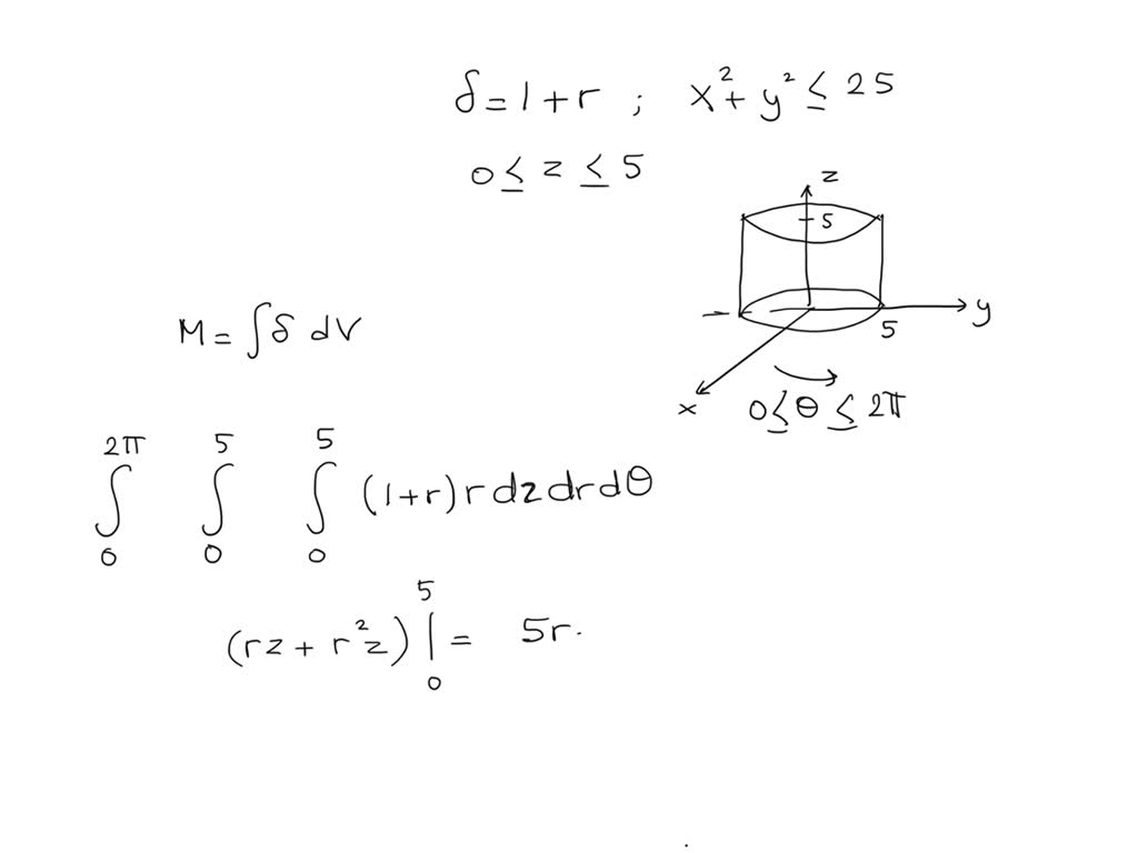 SOLVED: The density, δ, of the cylinder x^2+y^2≤ 25,0 ≤ z ≤ 5 varies ...