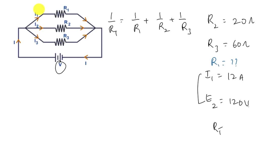 Three resistors are in parallel. I1 =12 A, E2 = 120 V, R2 = 20 ohms, and R3 = 60 ohms. What is ...