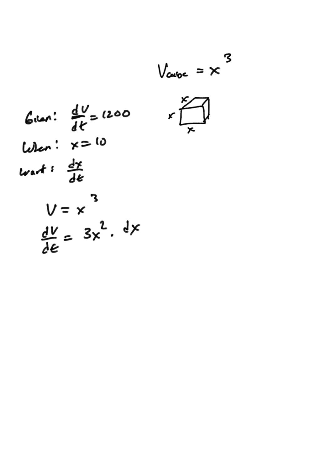 SOLVED: The volume of a cube is increasing at the rate of 1200 cm3/min ...