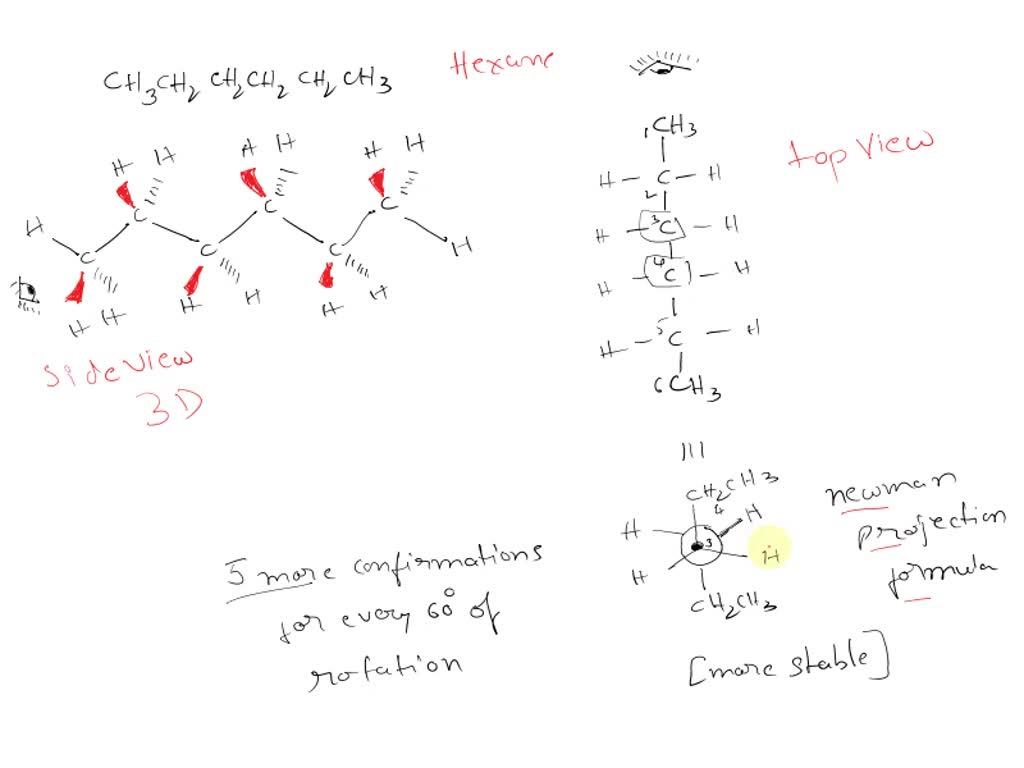 SOLVED: Draw the top view and side view of hexane using dashed wedges ...
