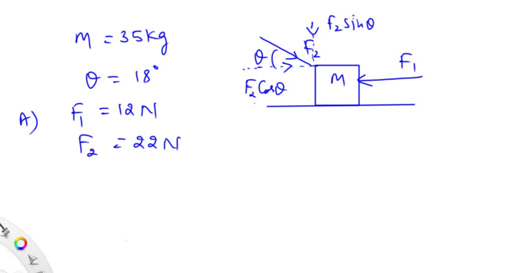 A block with a mass of m = 35 kg rests on a frictionless surface and is subject to two forces ...