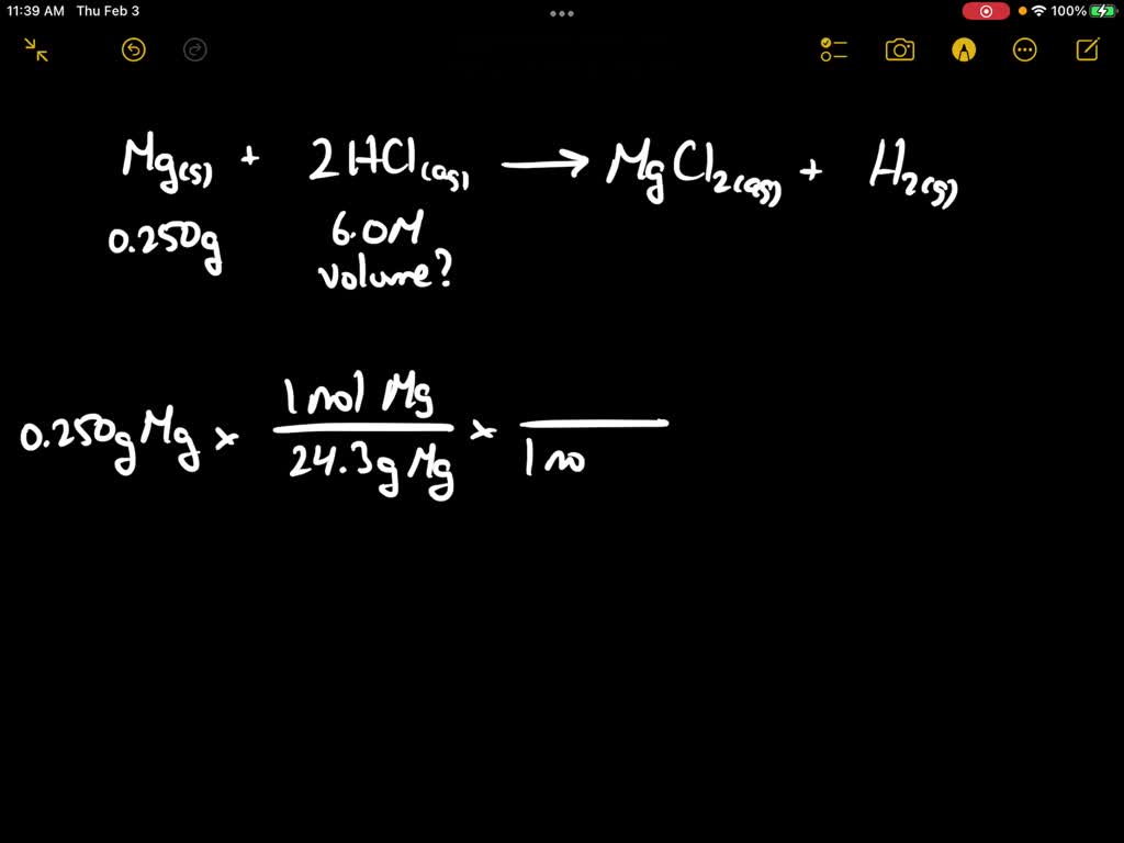 SOLVED: How many mL of a 6.0M HCl solution would be required to react with 0.250 g of excess Mg ...