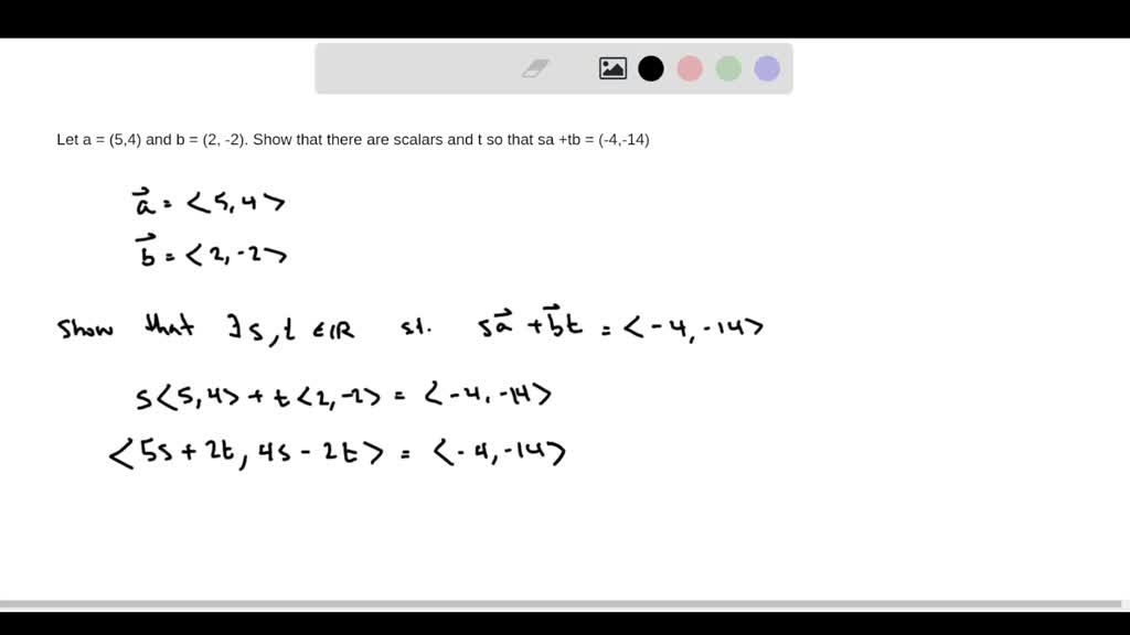 SOLVED: point) Let a (5,4) and b = (2, -2). Show that there are scalars and t so that sa +tb ...