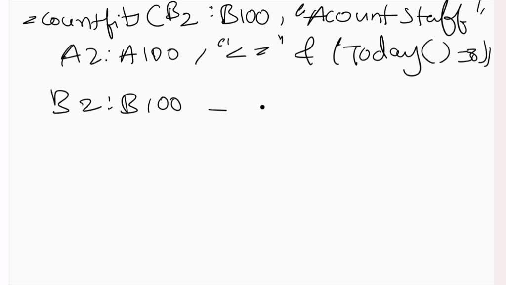 SOLVED: Use COUNTIFS in cell I6 to calculate the number of AccountStaff invoices that are 30 or ...
