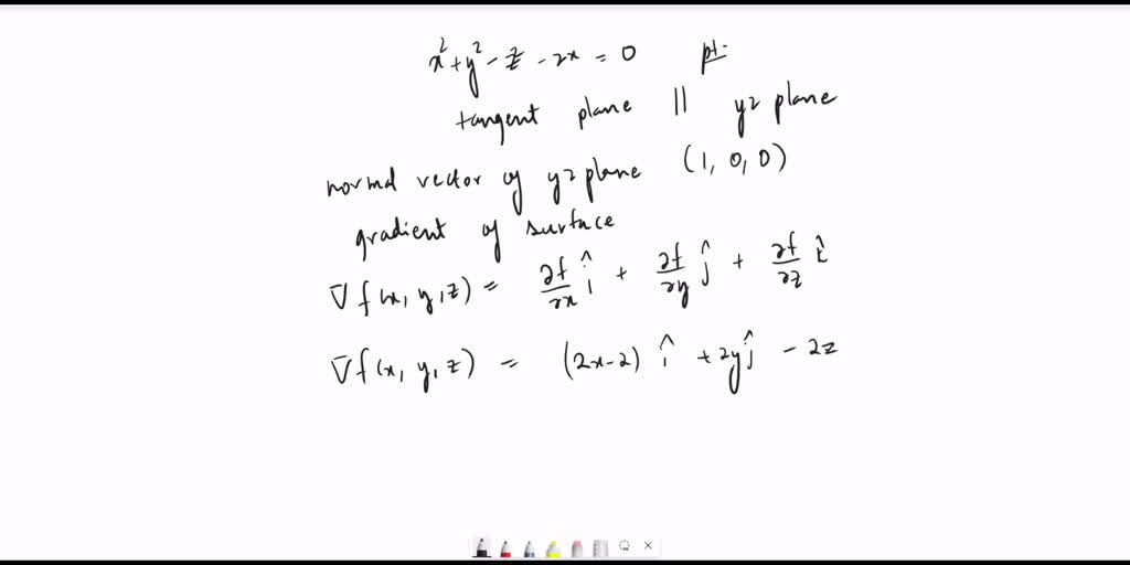 SOLVED: Find the points on the surface x^2 + y^2 - 22 - Zx = 0 for which the tangent plane is ...