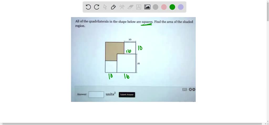SOLVED: All of the quadrilaterals in the shape below are squares. Find the area of the shaded ...