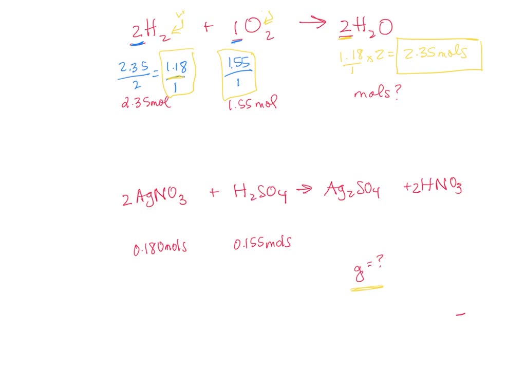 SOLVED: If 2.35 moles of H₂ and 1.55 moles of O₂ react how many moles of H₂O can be produced in ...