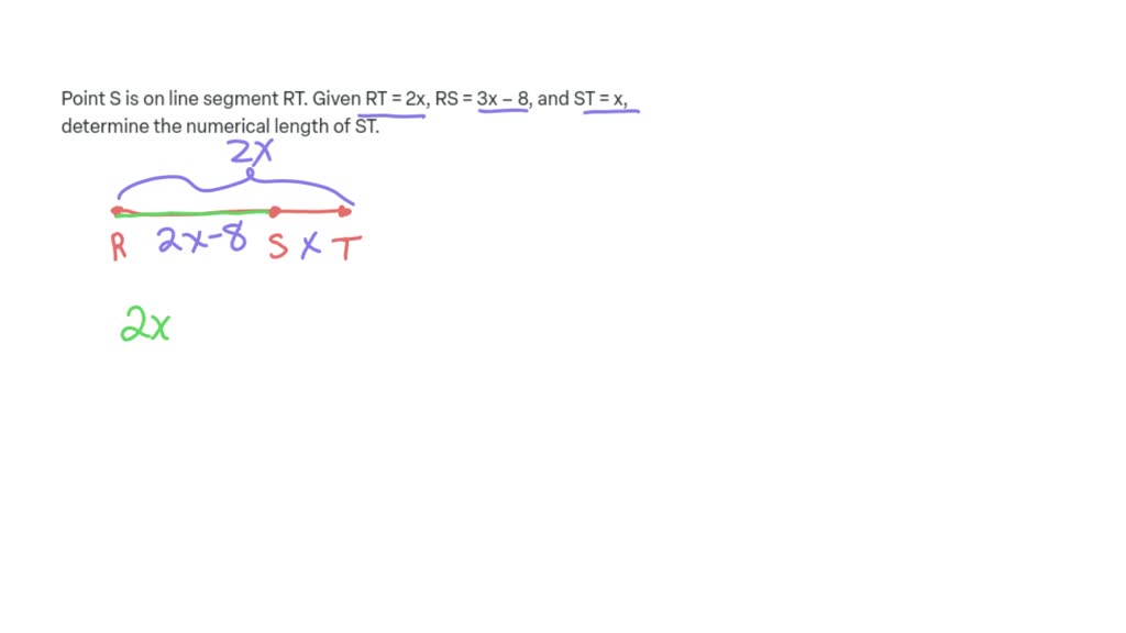 SOLVED: Point S is on line segment RT. Given RT = 2x, RS = 3x – 8, and ...