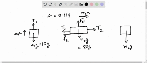 the drawing shows three objects they are connected by strings that pass over massless and ...