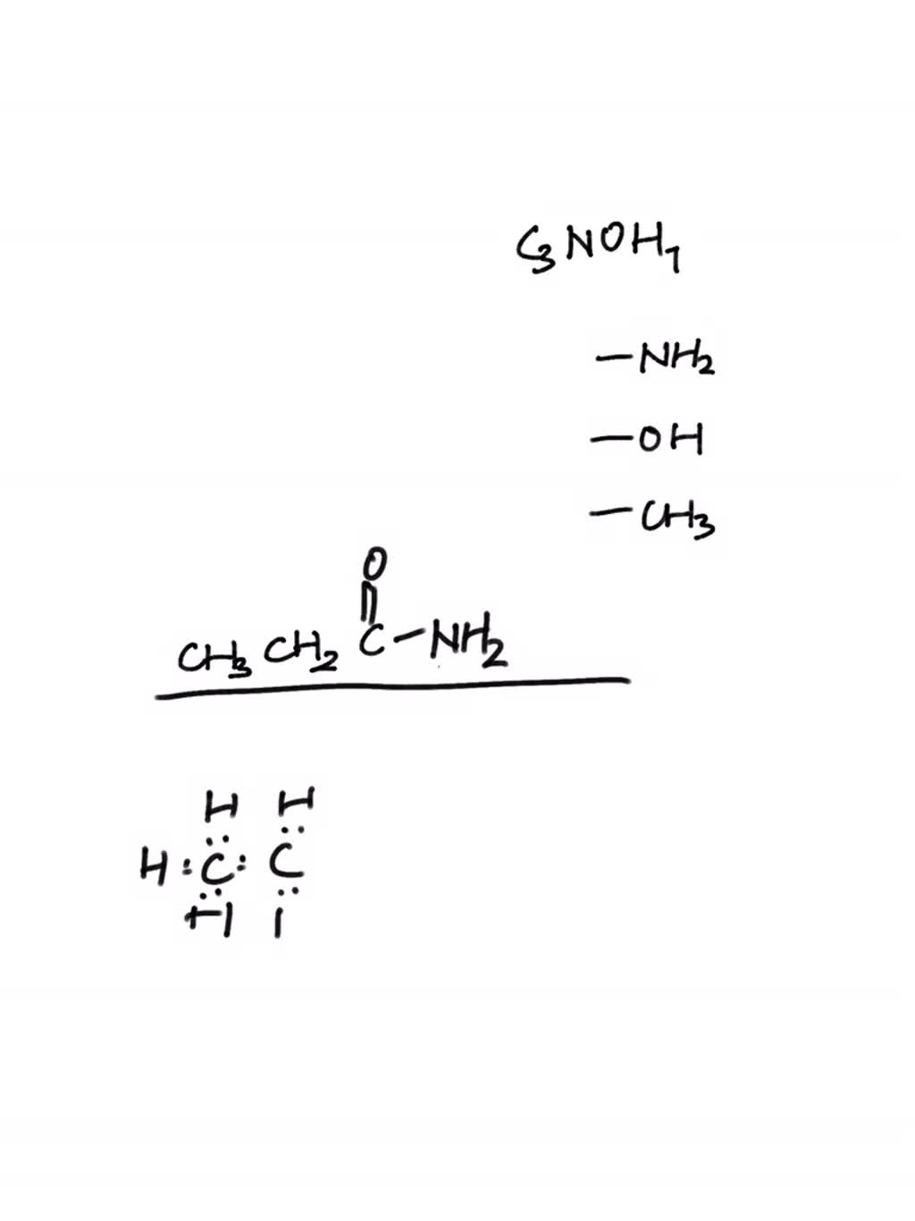 SOLVED: Find a possible and stable Lewis Structure of the molecule C3NOH7.