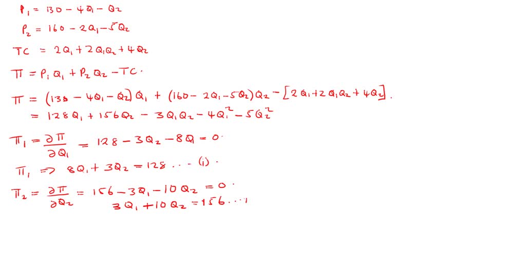 SOLVED: A firm sells two related products whose demand functions are#N#given as Q1 = 190 – 4P1 ...