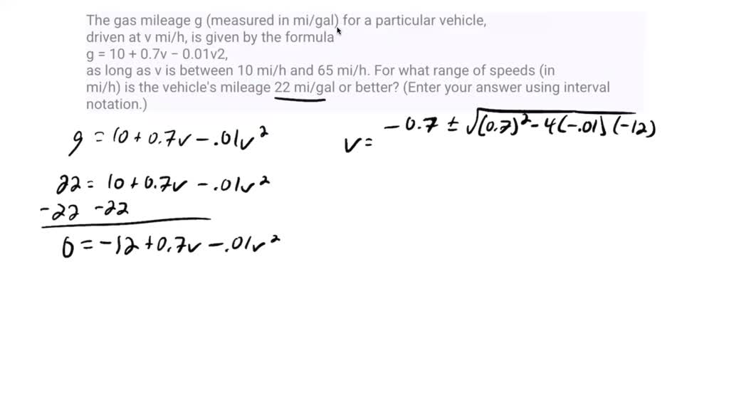 SOLVED: The gas mileage g (measured in mi/gal) for a particular vehicle ...