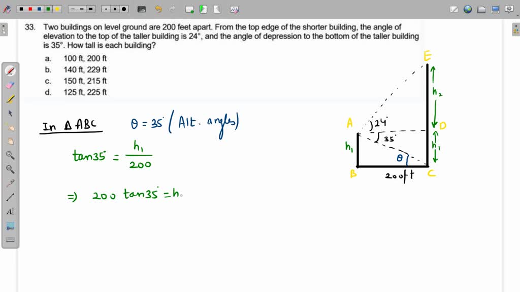 33. Two buildings on level ground are 200 feet apart: From the top edge ...