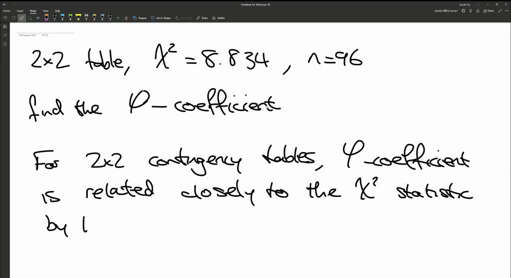 SOLVED: For a 2x2 table with a chi-square value of 8.834 and n = 96 ...