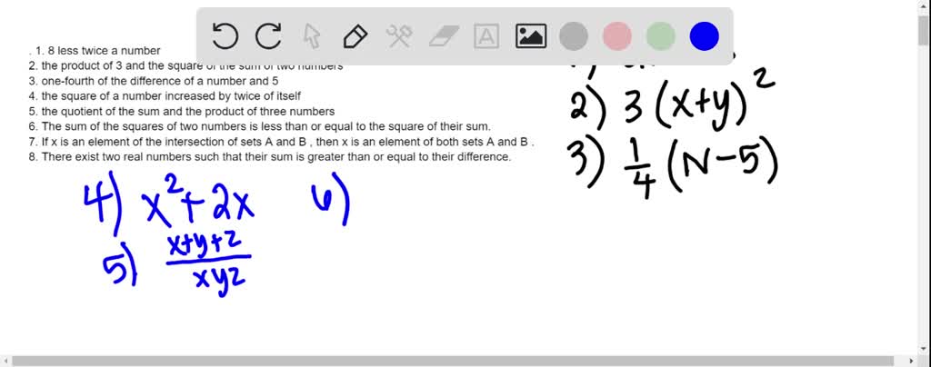 SOLVED: Translate the following English phrases and sentences to symbolic form. 1. 8 less twice ...