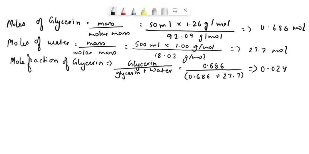 SOLVED: Glycerin (C3H8O3) has a density of 1.26 g/mL. Calculate the ...