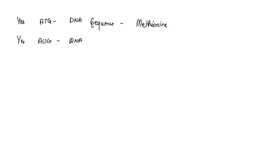 SOLVED: ATG (DNA) or AUG (RNA) in the genetic code; codes for ...