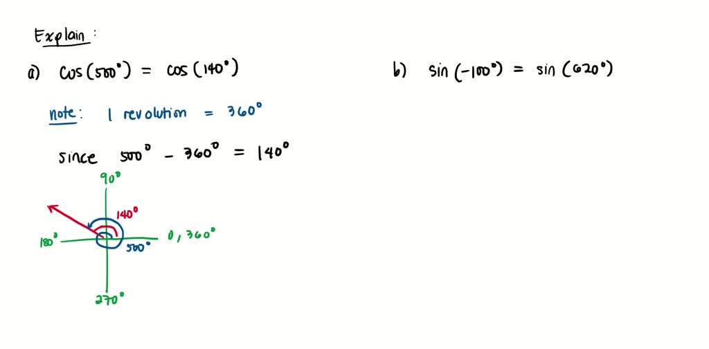 SOLVED: Can someone please explain why: A) cos 500° = cos 140° B) sin(− ...