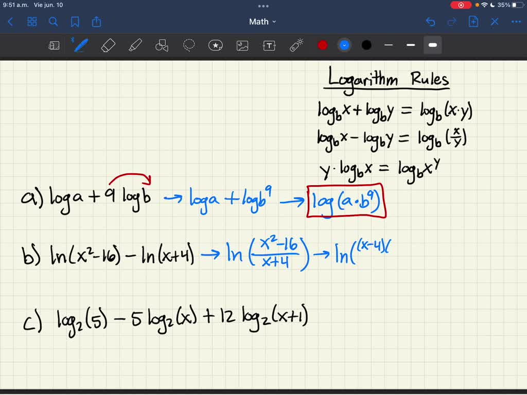 SOLVED: Use the Laws of Logarithms to combine the expressions into a single logarithm. (a) log(a ...