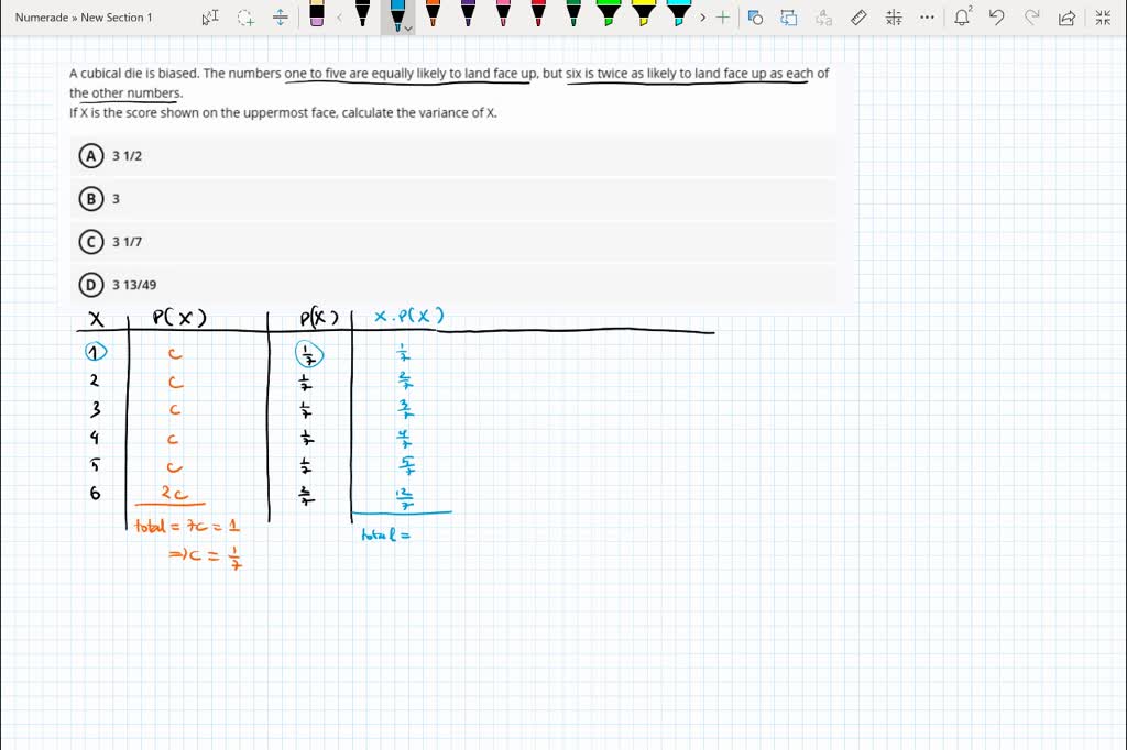 SOLVED: A cubical die is biased: The numbers one to five are equally ...