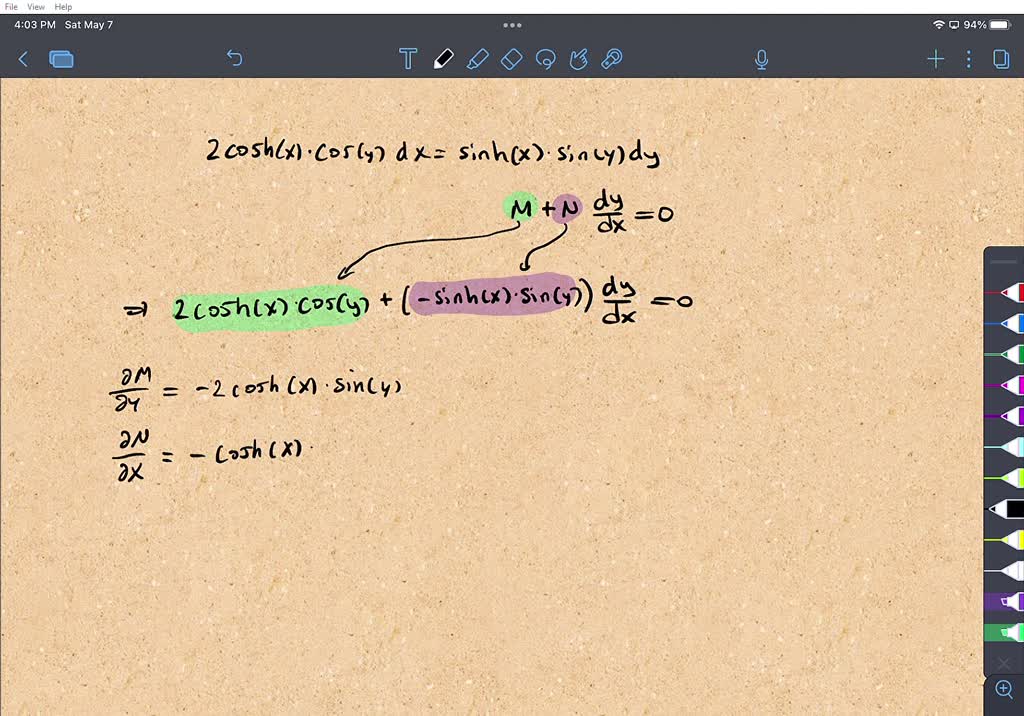 SOLVED:The integrating factor of the DE 2cosh x cos y dx = sinh xsin y dy is a) sinh x 6) cosh x ...