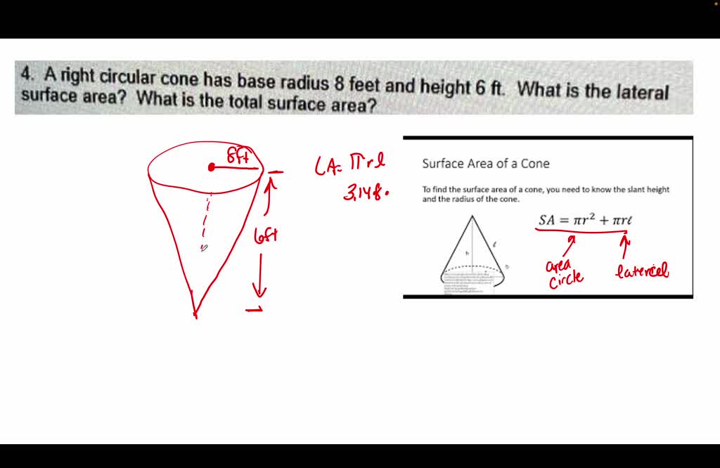 SOLVED: The diagram shows cone of height 8 units and base radius 6 units. What is the surlace ...