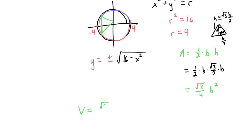 SOLVED: Let 𝐵 be the solid whose base is the circle 𝑥2+𝑦2=16 and whose vertical cross sections ...