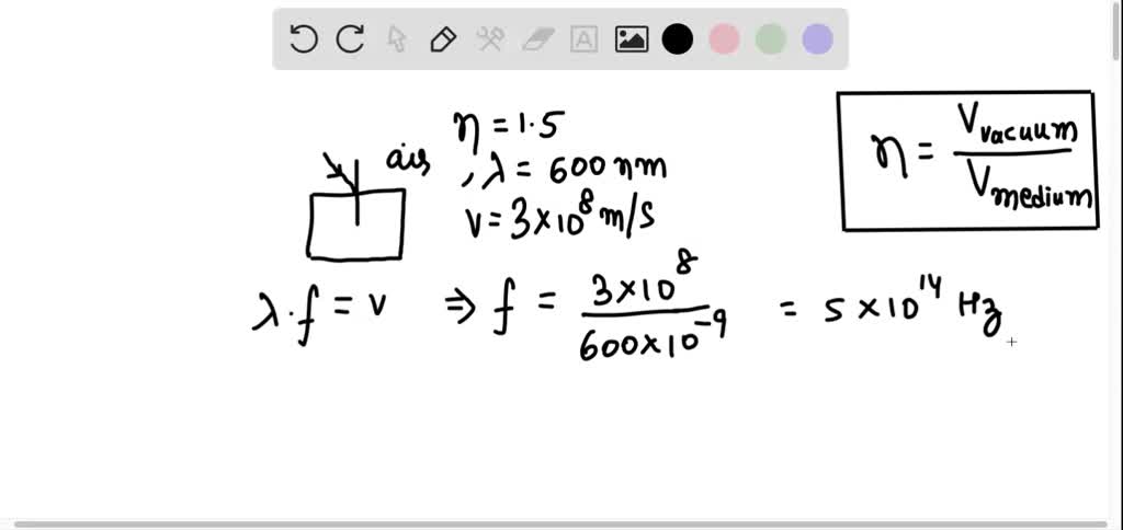 SOLVED: Light of wavelength 600 nm in air enters a medium of refractive ...