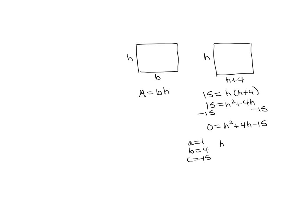 SOLVED: The base of a rectangle is 4 more than the height. The area of ...
