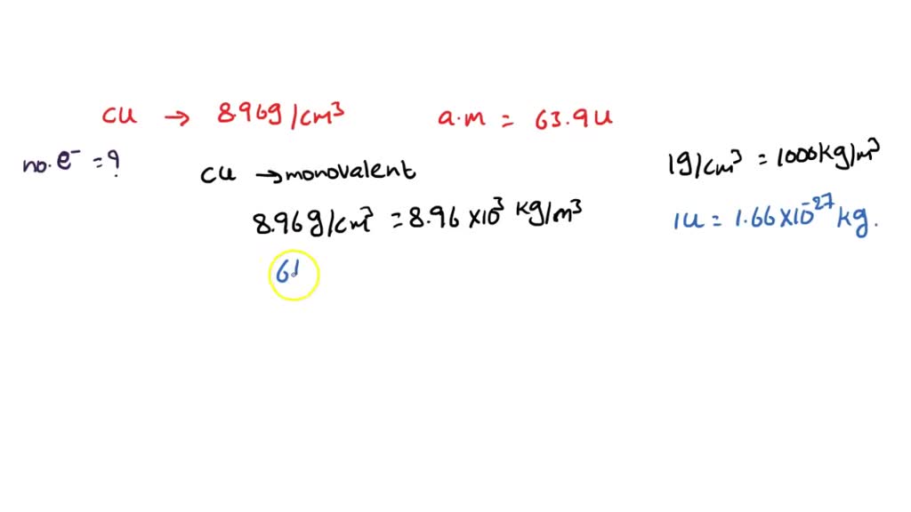 SOLVED: Copper has a density of 8.96 g/cm3 , an atomic mass of 63.9 u ...