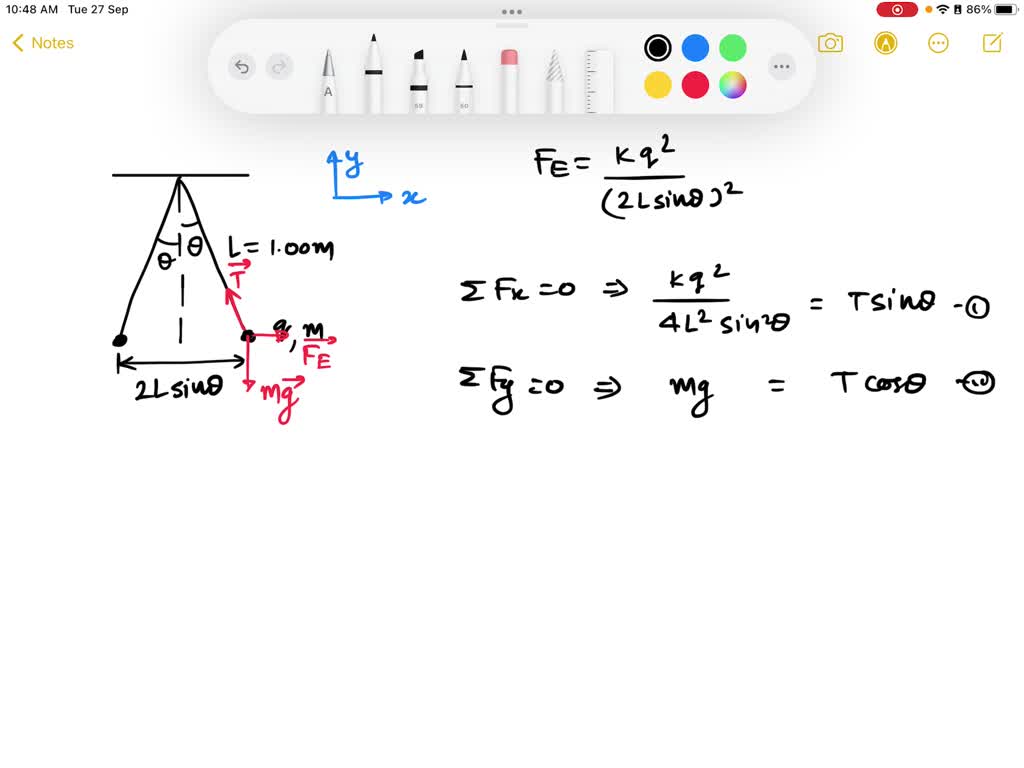 SOLVED: Two m = 5.0 g point charges on 1.0-m-long threads repel each ...