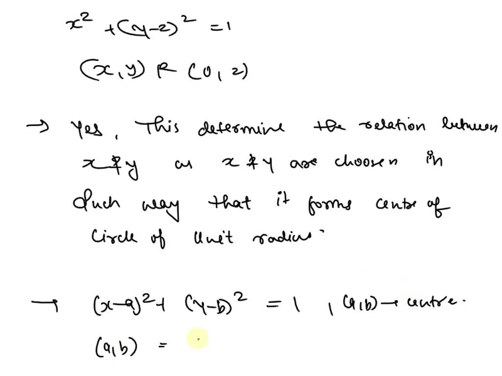 Consider the equation x^2 + (y - 2)^2 = 1 and the relation "(x, y) R (0 ...